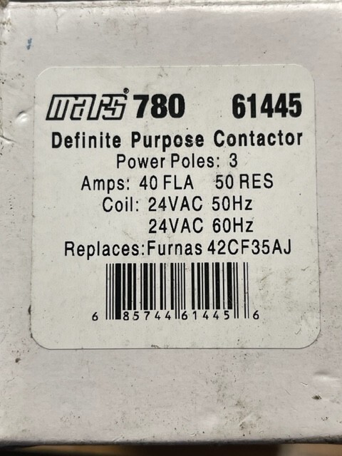 Mars 780 61445 Definite Purpose Contactor 40A 24V Coil Replaces Furnas ...