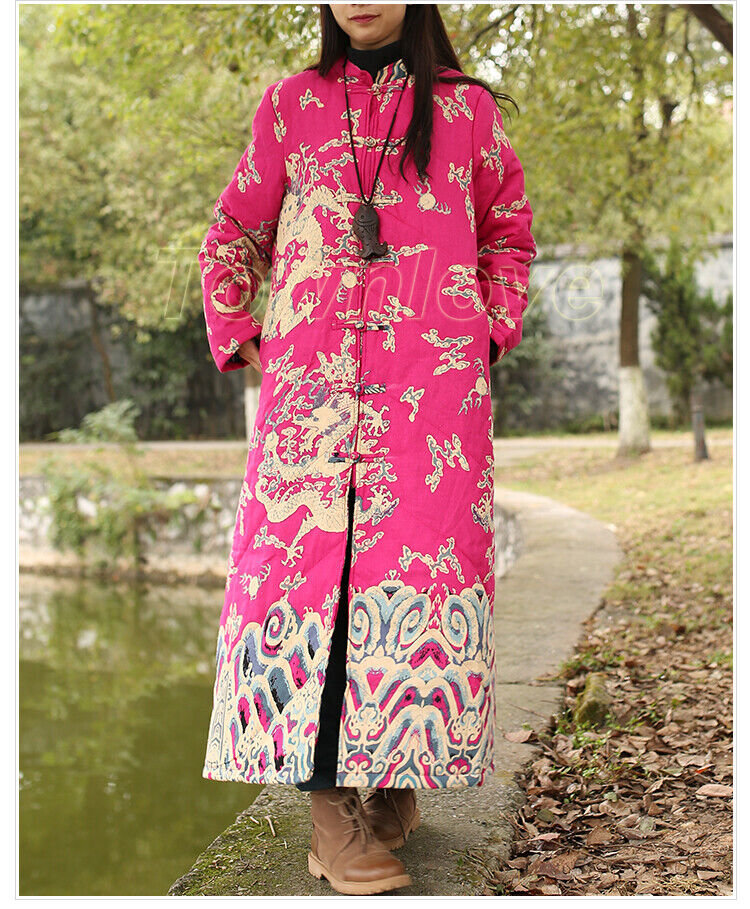 Retro Women Collar Robe Long Quilted Jacket Chinese Qipao Dargon Coat ...
