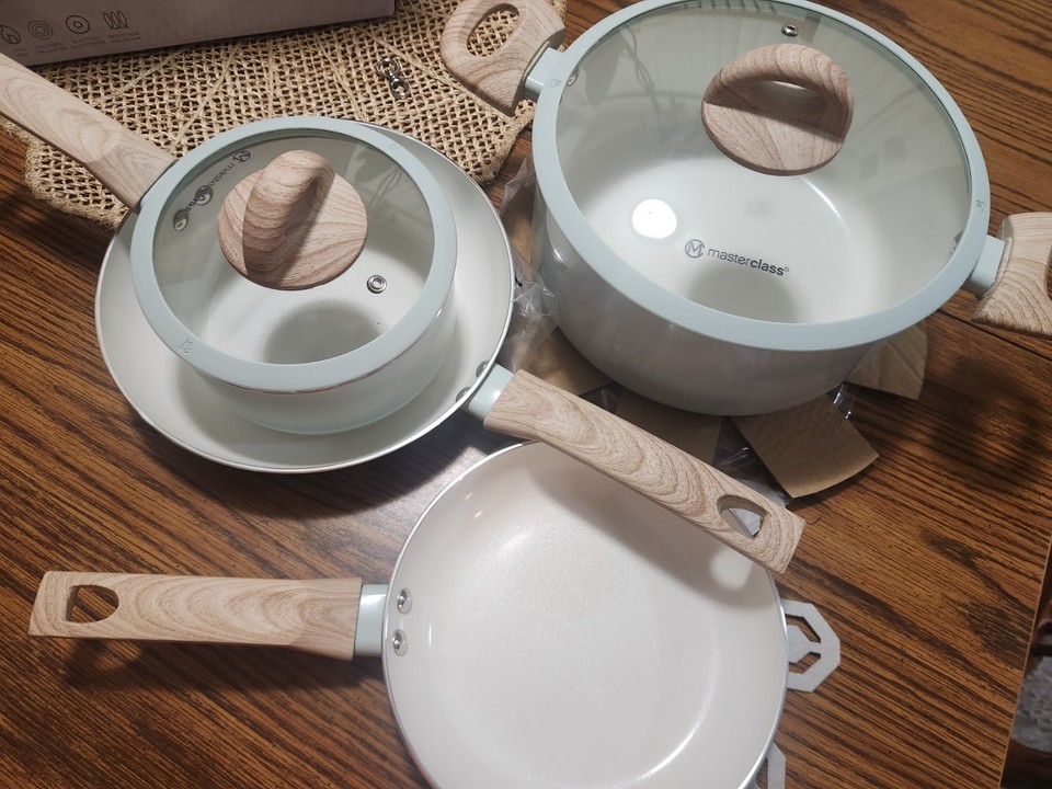 MasterClass 8-Piece Ceramic Non-Stick Cookware Set Wood Effect Handles ...