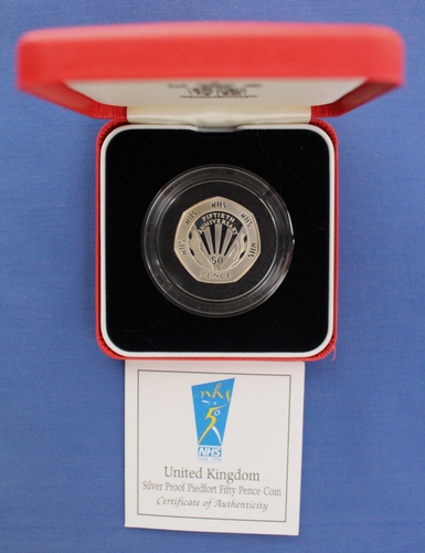 1998 Silver Piedfort Proof 50p coin "NHS Anniversary" in Case with COA ...