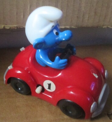 Vintage SMURFS Smurf in red plastic wind up race car 4.25" long 1982 ...