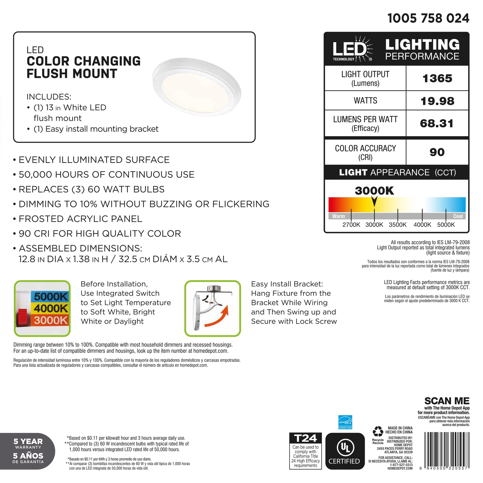 Commercial Electric 13 in. White Selectable CCT LED Flush Mount Ceiling ...