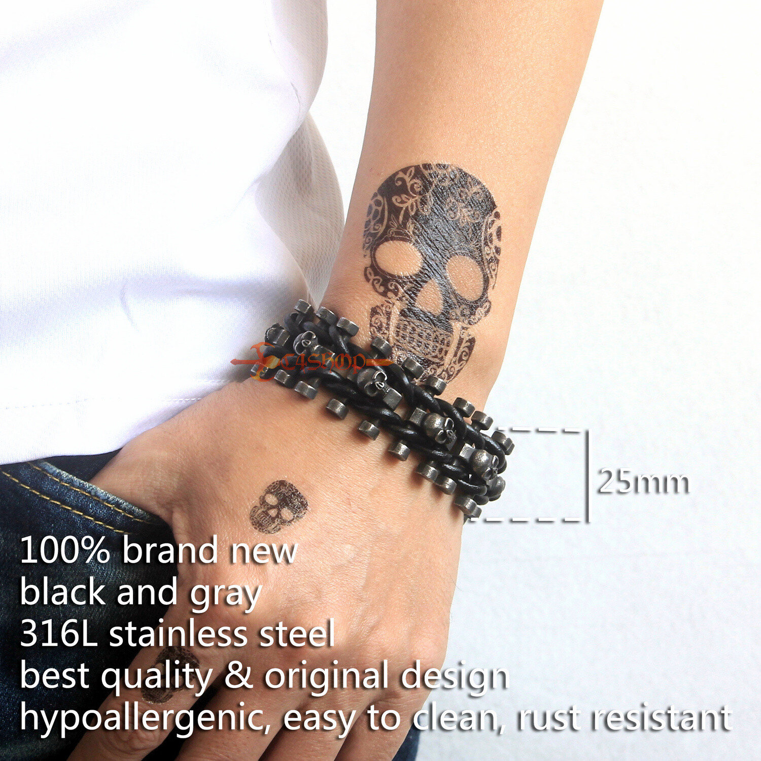 Retro Stainless Steel Wide Skull Heads Black Leather Belt Buckle Men ...