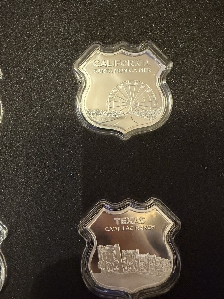 8 coins 1oz Icons of Route 66 Series Fine .999 Silver Shield Set w ...