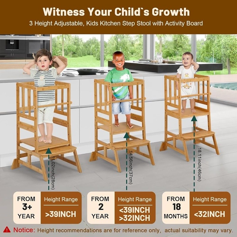 Toddler Kitchen Step Stool Adjustable Height Safety Rail Learning Tower ...