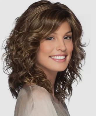 Shoulder Length Fluffy Curly Brown Mix Synthetic Hair Wigs Women Soft ...