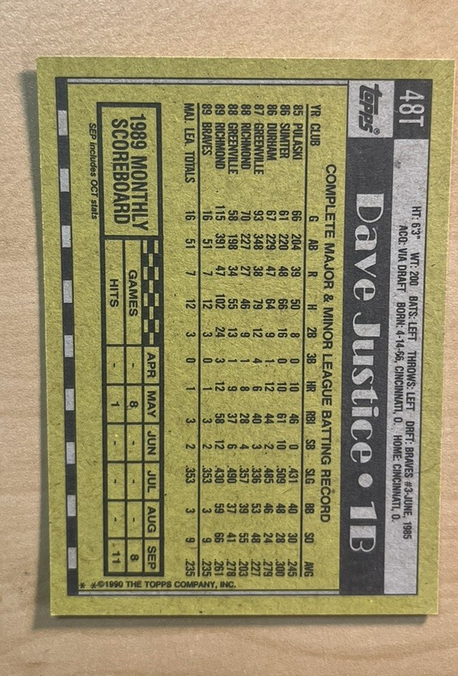 David Justice 1990 Topps Traded Rookie Card #48T, NM-MT | eBay