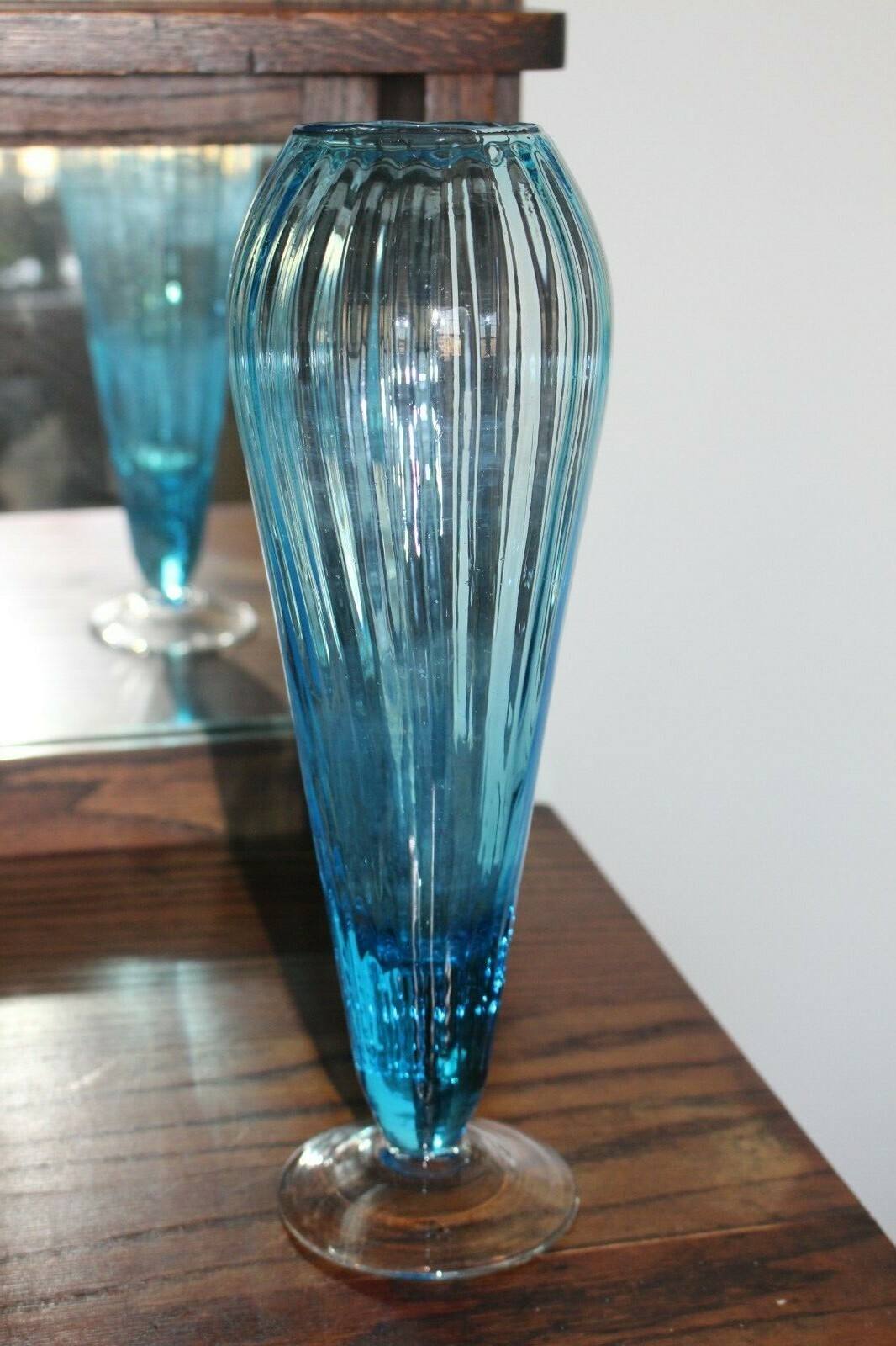 Vintage MCM Stunning Bright Blue Ribbed Vase Large Clear Base 12 Inches ...
