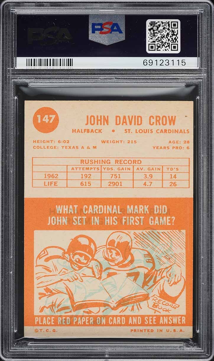 1963 Topps FB Card #147 John David Crow St Louis Cardinals HOF PSA 7 ...