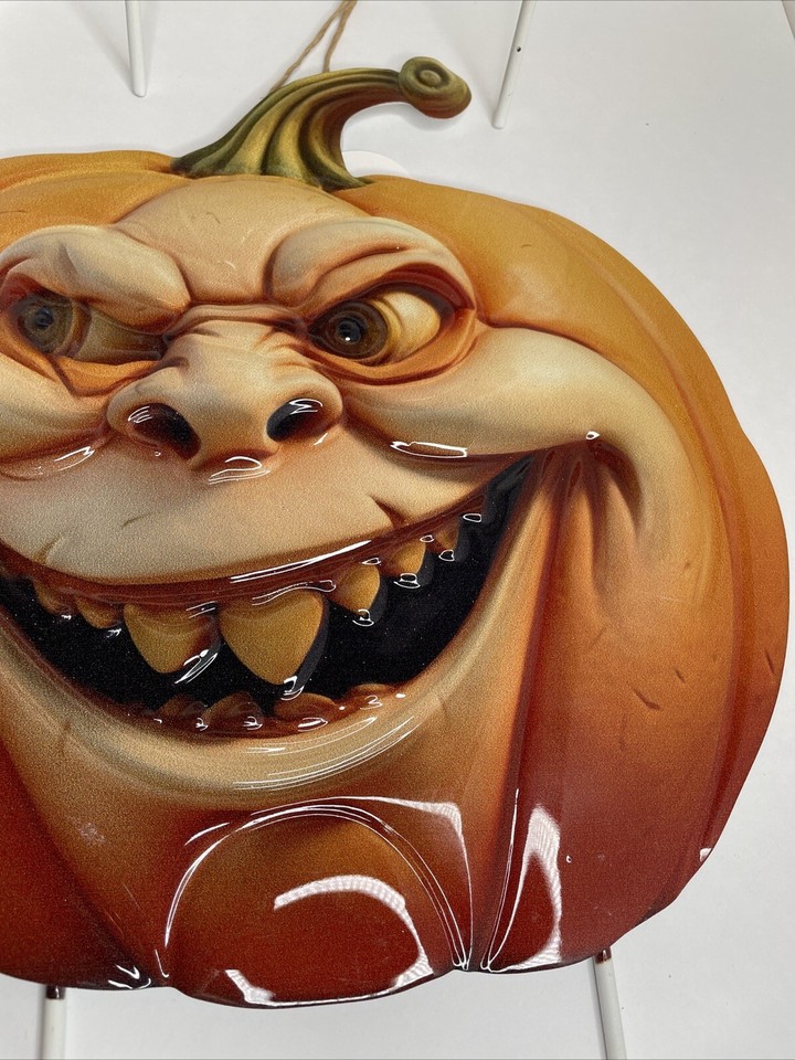 2 Metal Halloween Pumpkin Yard Stakes Scary Face JOL New | eBay