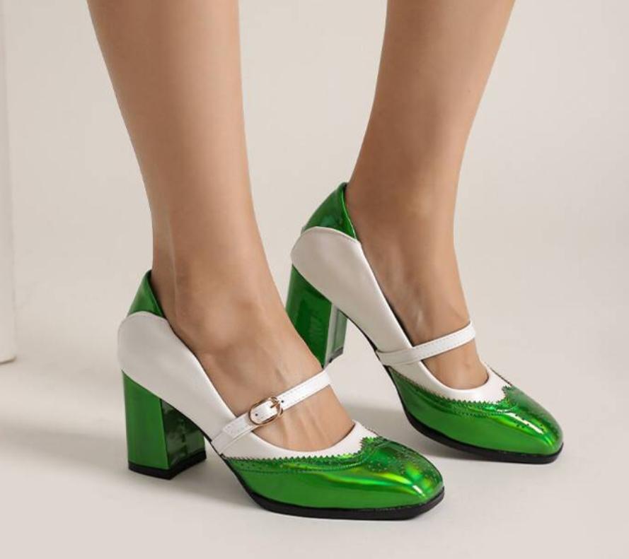 Women Party Work Mary Jane Block Heels Square Toe Multi Color Faux ...