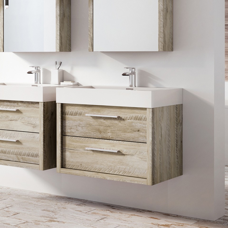 Oak Effect Vanity Unit With Resin Basin | 75cm Wall Hung Bathroom Sink ...
