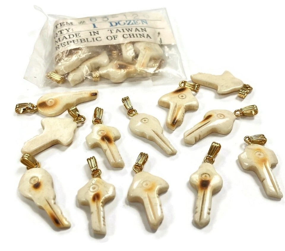 12 Vintage Genuine Cattle Bone Hand Carved Key Assorted Bead Charm ...