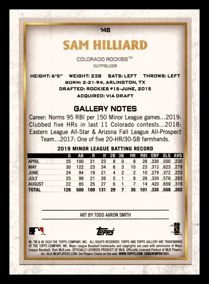 2020 Topps Gallery Sam Hilliard RC Rookie #146 Colorado Rockies Mint | eBay