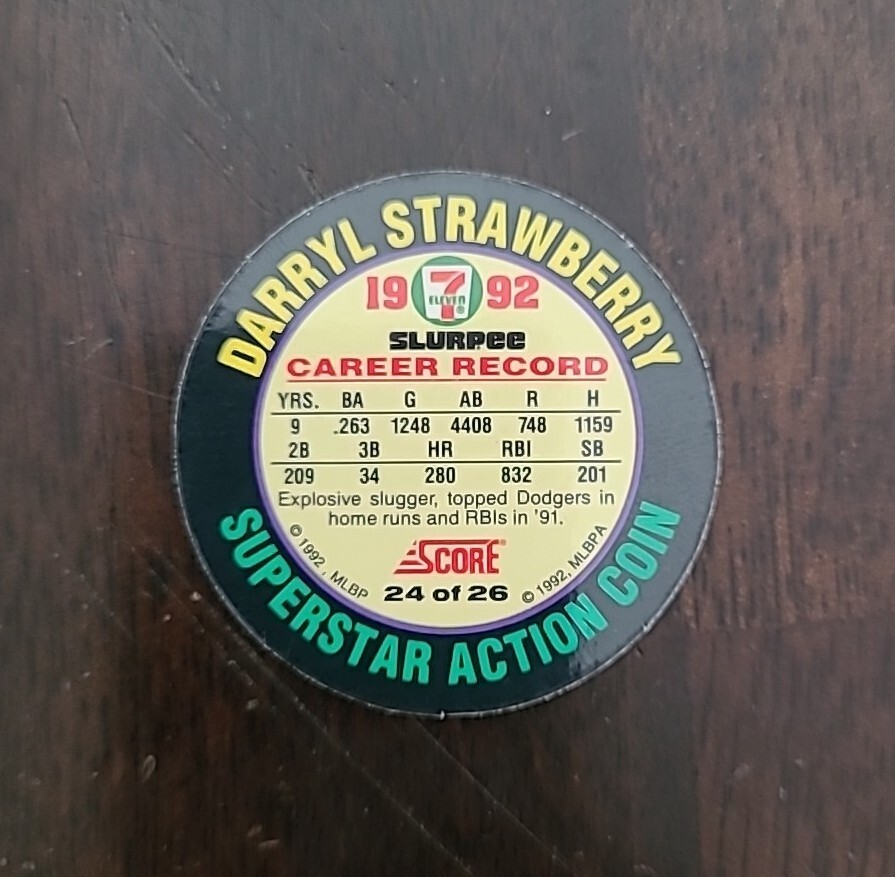 1992 Score Superstar Action Coin Darryl Strawberry #24 Dodgers 7-11 ...