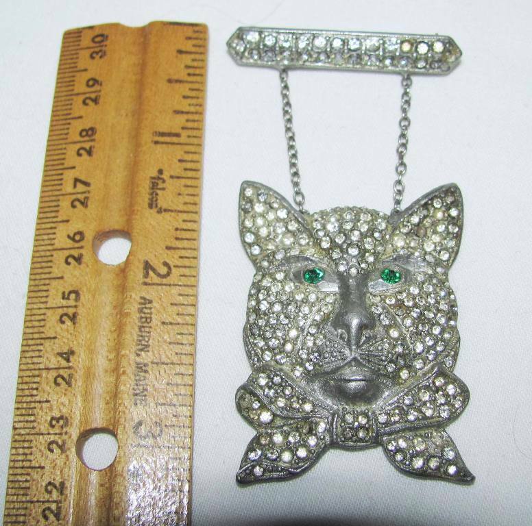 RAREST! HUGE ANTIQUE VICTORIAN EDWARDIAN CLEAR & EMERALD PASTE CAT FACE ...