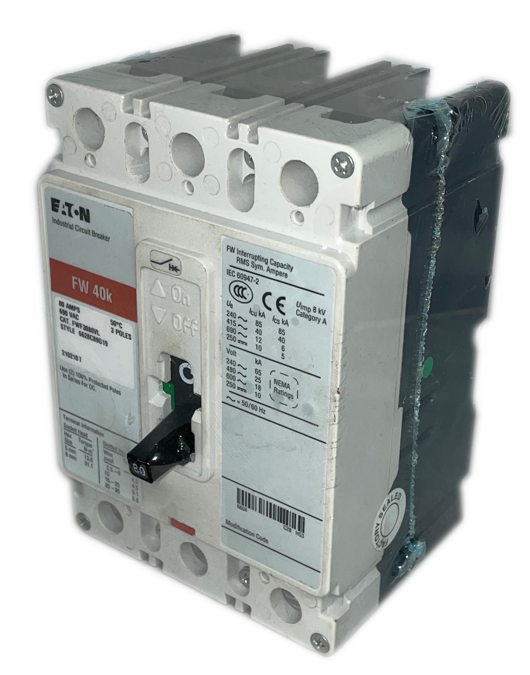 Eaton FWF3080VL Circuit Breaker, 80 Amp, 690Vac, 3-Pole, 50°C, Line ...