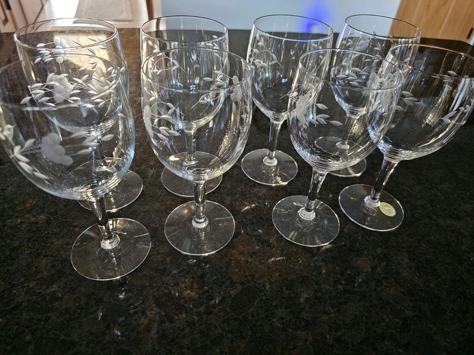 Set Of 8 7” Princess House Heritage Wine Glasses Floral Etch Cut ...