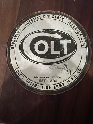 COLT FIREARMS ROUND TIN SIGN SAM REPEATING ARM PISTOL BULLET AMMUNITION ...