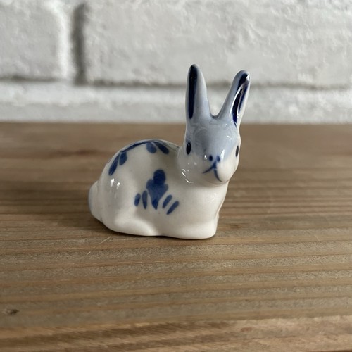 VTG Small Miniature Ceramic Rabbit Blue & White Painted Floral Gloss ...