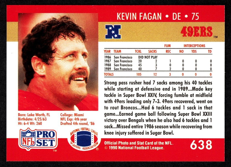 1990 PRO SET RC #638 KEVIN FAGAN - SAN FRANCISCO 49ERS - ROOKIE CARD ...