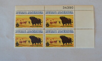 VTG Block 4 8c US Postage Stamps #1504 RURAL AMERICA Angus Cattle 1873 ...