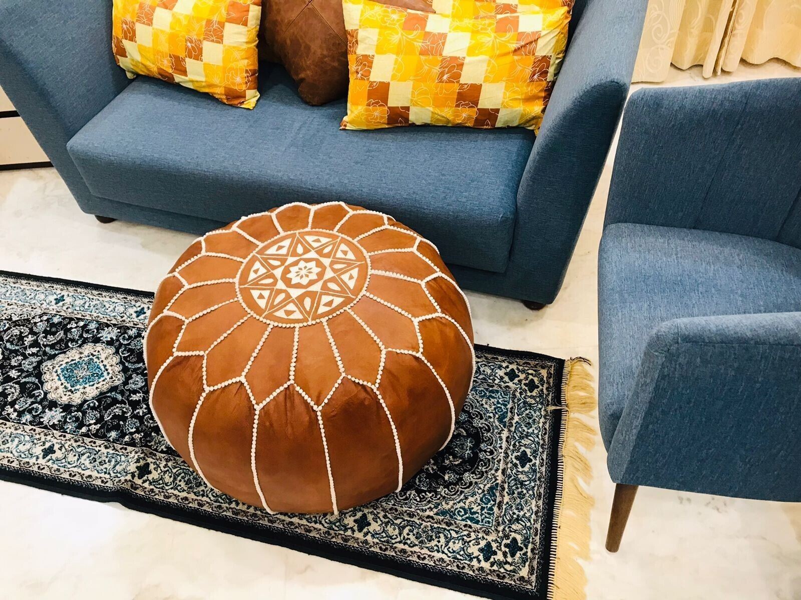 Footstool Leather Moroccan Genuine Handmade Brown Boho Natural Pouffe ...