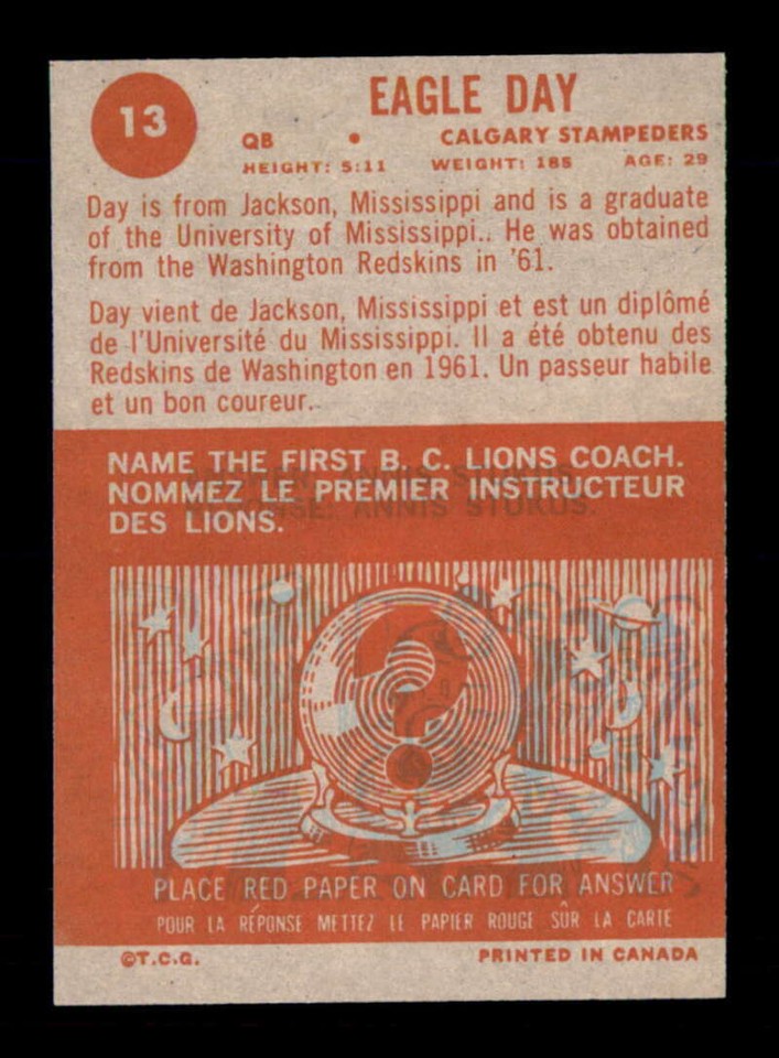 1963 Topps CFL #13 Eagle Day NM+ X2865698 | eBay