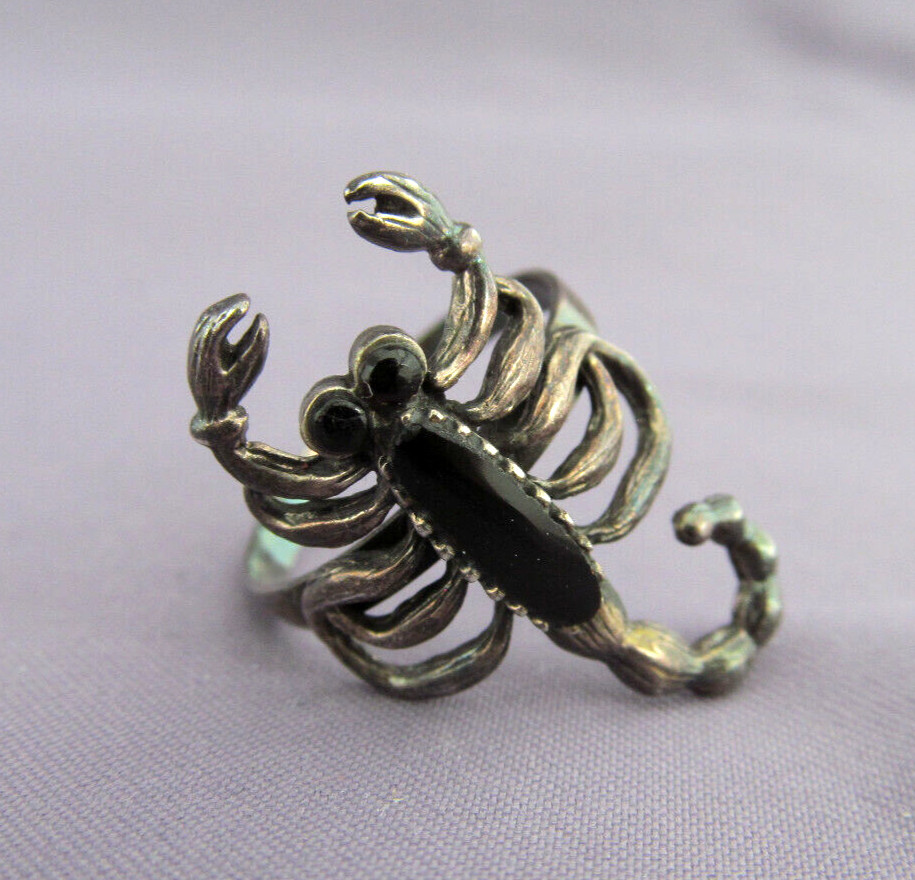 VINTAGE OLD PAWN STERLING FIGURAL SCORPION INLAY ONYX… - Gem