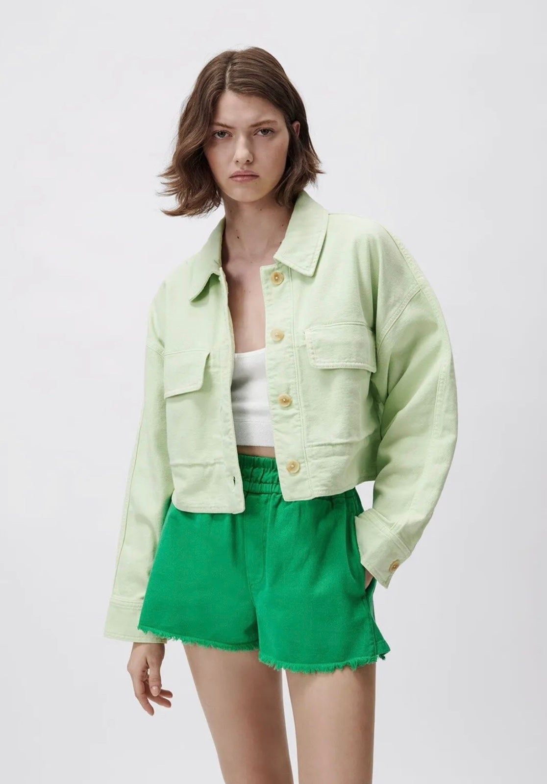 Light Green Cropped Zara Button Up Shacket | eBay