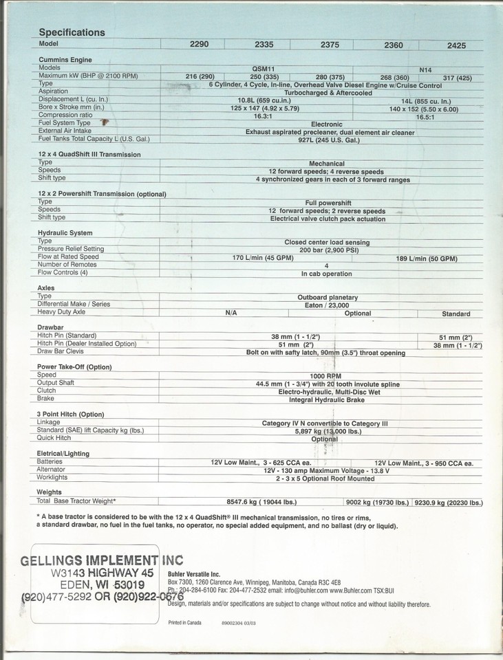 Original Versatile 2290 2335 2375 2360 2425 Tractors Sales Brochure 03/ ...