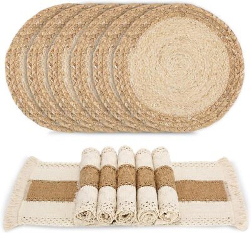 Handmade Boho Placemats Set of 6, Natural Cotton Burlap and Water Straw ...