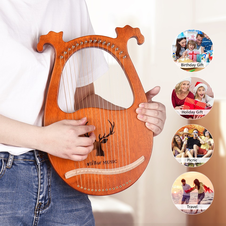 16 String Lyre Harp Solid Wood String Instrument with Elk Pattern ...