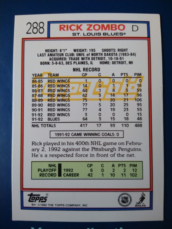 1992 Topps Hockey GOLD Rick Zombo #288 St. Louis Blues | eBay