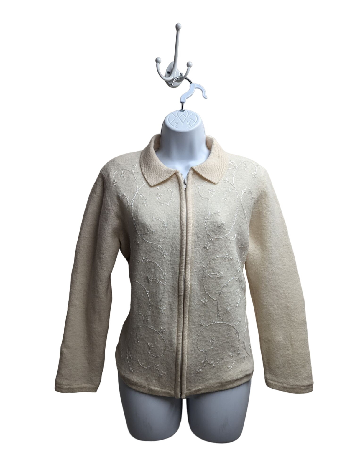 Dressbarn Women's Cream Wool Jacket full zip lined floral embroidery ...