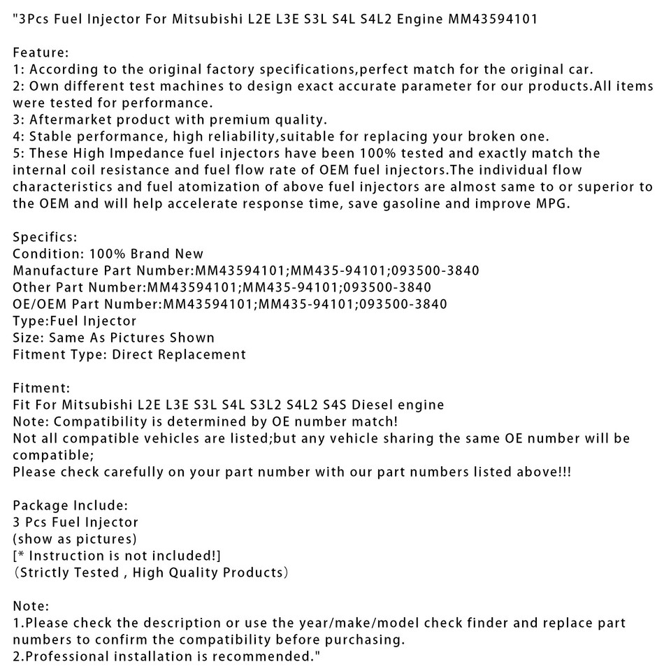 3Pcs Fuel Injector For Mitsubishi L2E L3E S3L S4L S4L2 Engine ...