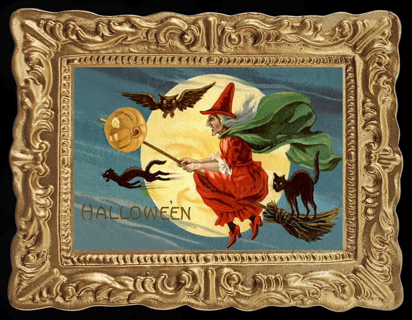 Halloween Witch Moon Cat & Bat Miniature Dollhouse Art Picture 8133 | eBay