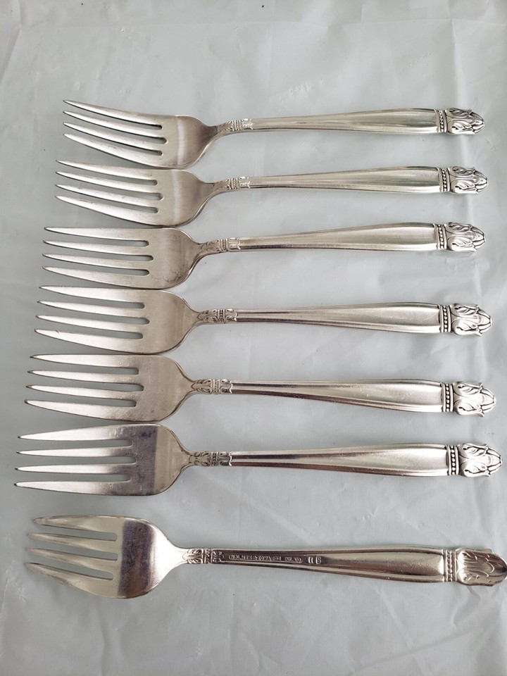 7 HOLMES & EDWARDS DANISH PRINCESS DESSERT/ SALAD FORKS, NO MONO 6.75 ...