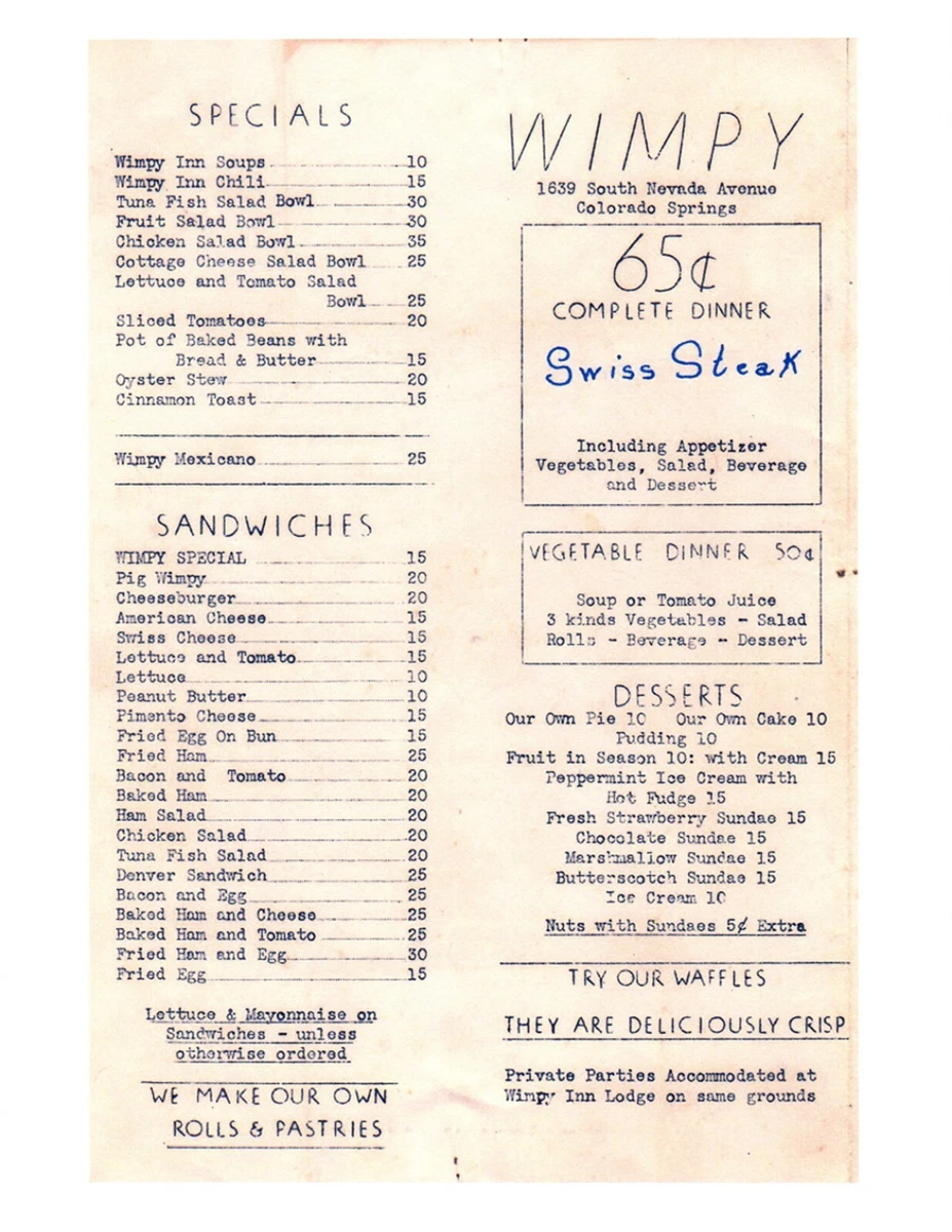 Wimpy Restaurant Menu