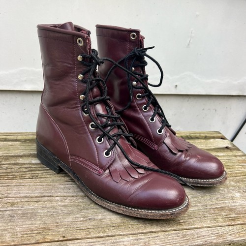 Vintage 80s Justin Boots Dark Cherry Lace Up Roper Kilte Fringe Cowgirl ...