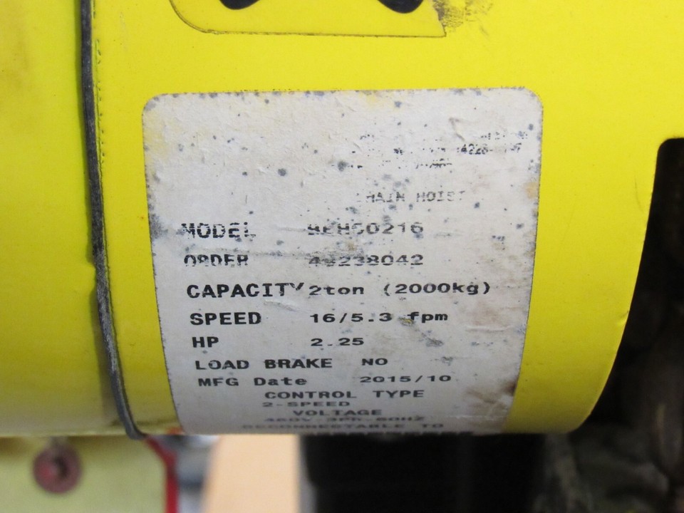 BUDGIT MANGUARD CHAIN HOIST BEHC0216 2 TON 2.25HP 460V 16/5.3FPM 2 ...