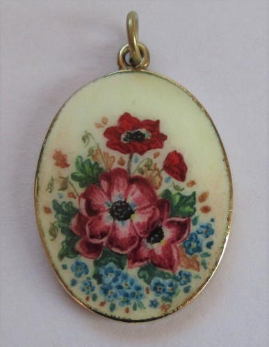 VINTAGE STERLING SILVER ENAMEL FLOWER POPPY CHARM PENDANT GOLD WASH ...