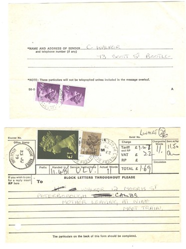 GB 1979 Original telegram form charged £1.69, Machin £1 & 50p on front ...