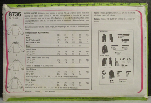 Simplicity Pattern 8736 Misses Long Sleeve Blouses Size 10 Bust 32.5 ...