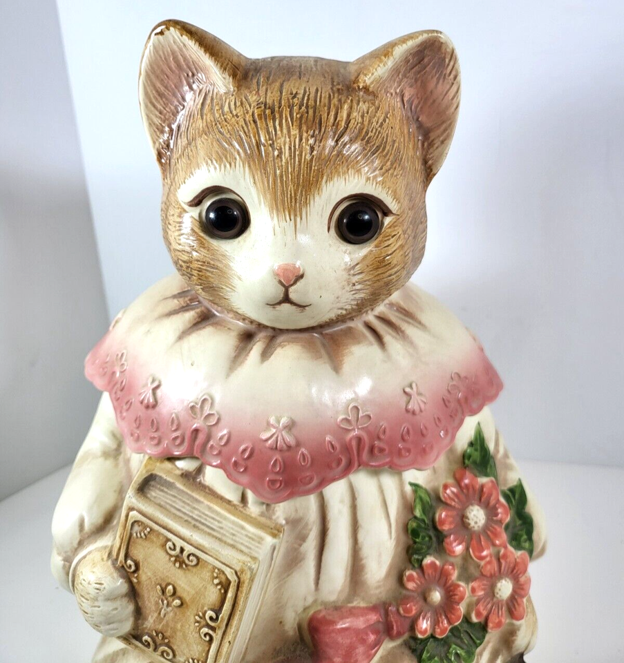 Vintage Emily the Cat Cookie Jar Holding book & Flowers Mervyns Made in ...