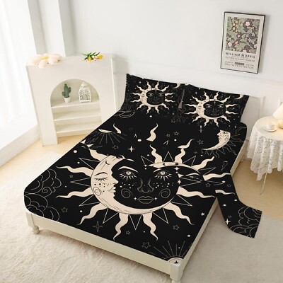 kxry Black Sun and Moon Fitted Sheet Sets Boho Celestial Bedding ...