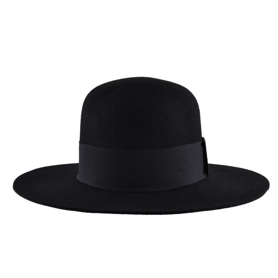 Wide Brim Bolero Fedora Hat – Black 100% Wool Felt Round Crown Stiff ...