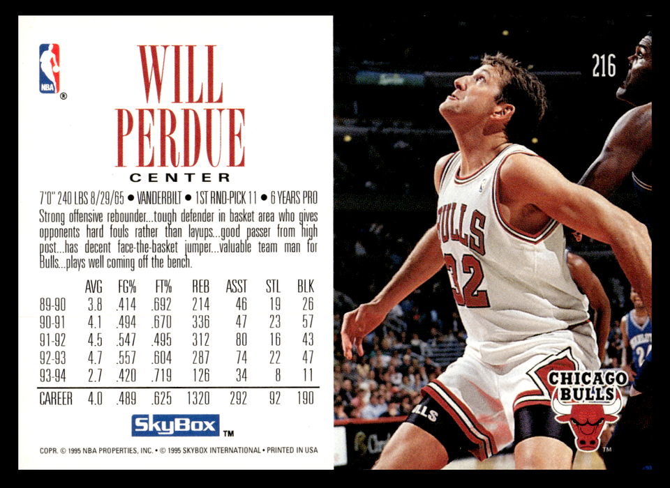 1994-95 SkyBox Will Perdue #216 Chicago Bulls NBA Basketball | eBay