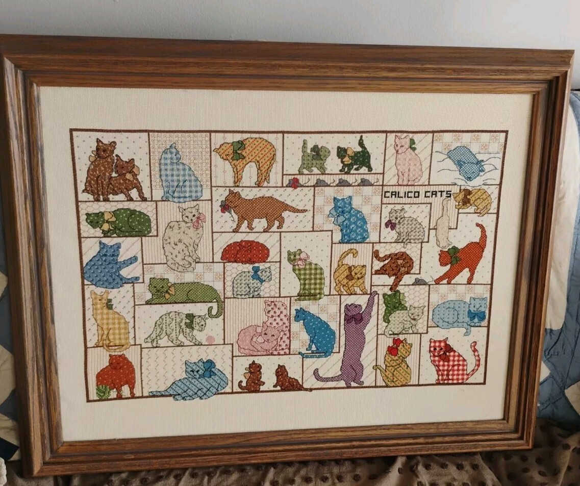 Vintage 34-Calico Cats Needlepoint Needlework Macrame Yarn Art ...