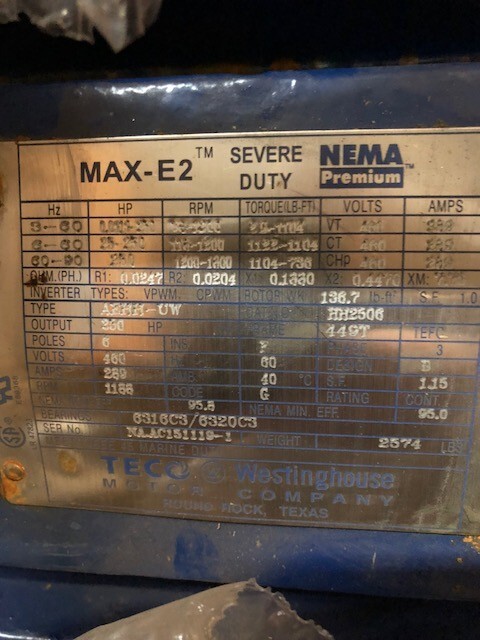 NEW-Surplus Teco HH2506, 250 hp, 1200 RPM, TEFC, 460V, 3PH, 60HZ, 449T ...